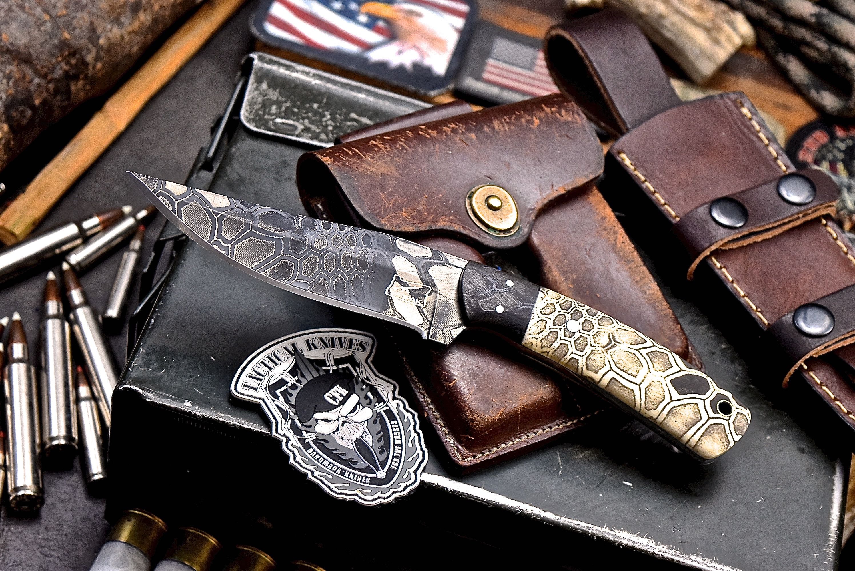 CFK IPAK Handmade CAMO D2 Custom CAMEL BONE Hunting Sport Knife & Shea ...